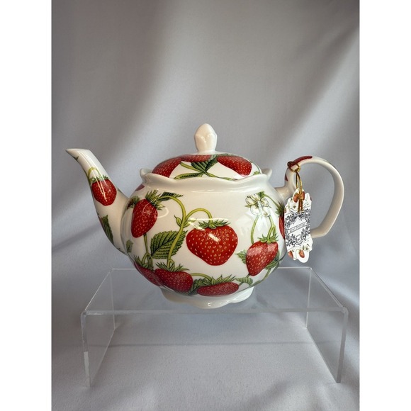 Kitchen | New Kent Pottery Red And White Strawberry Teapot Hand Painted ...